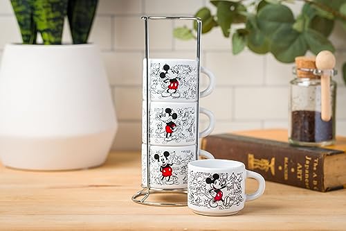 Silver Buffalo Disney Mickey Mouse Vintage Sketches Art 4pc Stackable Ceramic Espresso Small Cup Set, 3 Ounces