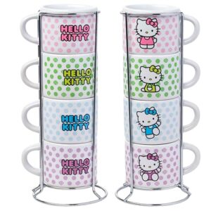 Silver Buffalo Sanrio Hello Kitty Polka Dots 4pc Stackable Ceramic Espresso Small Cup Set, 3 Ounces