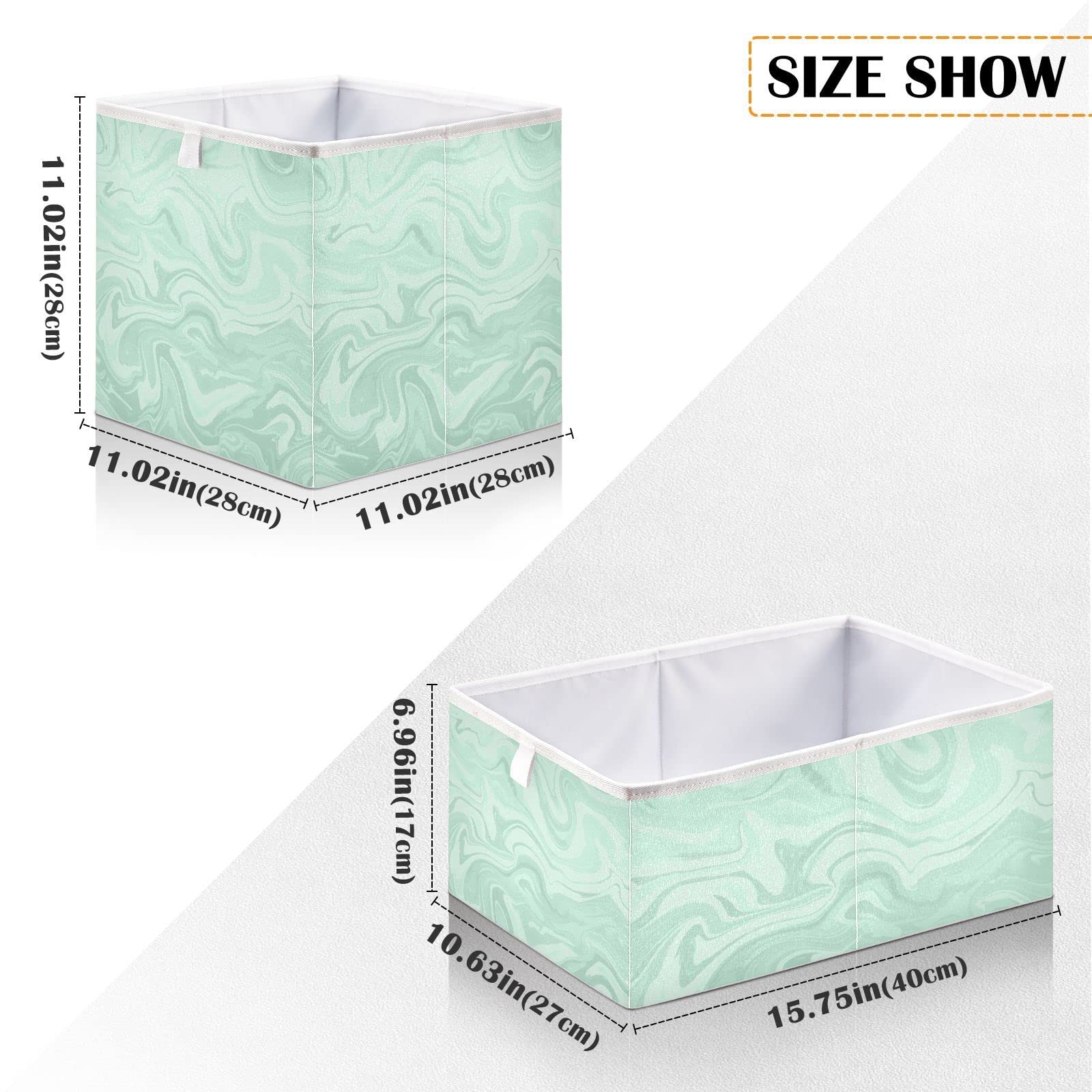 Burbuja Abstract Marble Mint Green Storage Cubes Fabric Storage Bins Foldable Closet Organizer Basket with Handle, 15.7x10.6x6.7 Inch