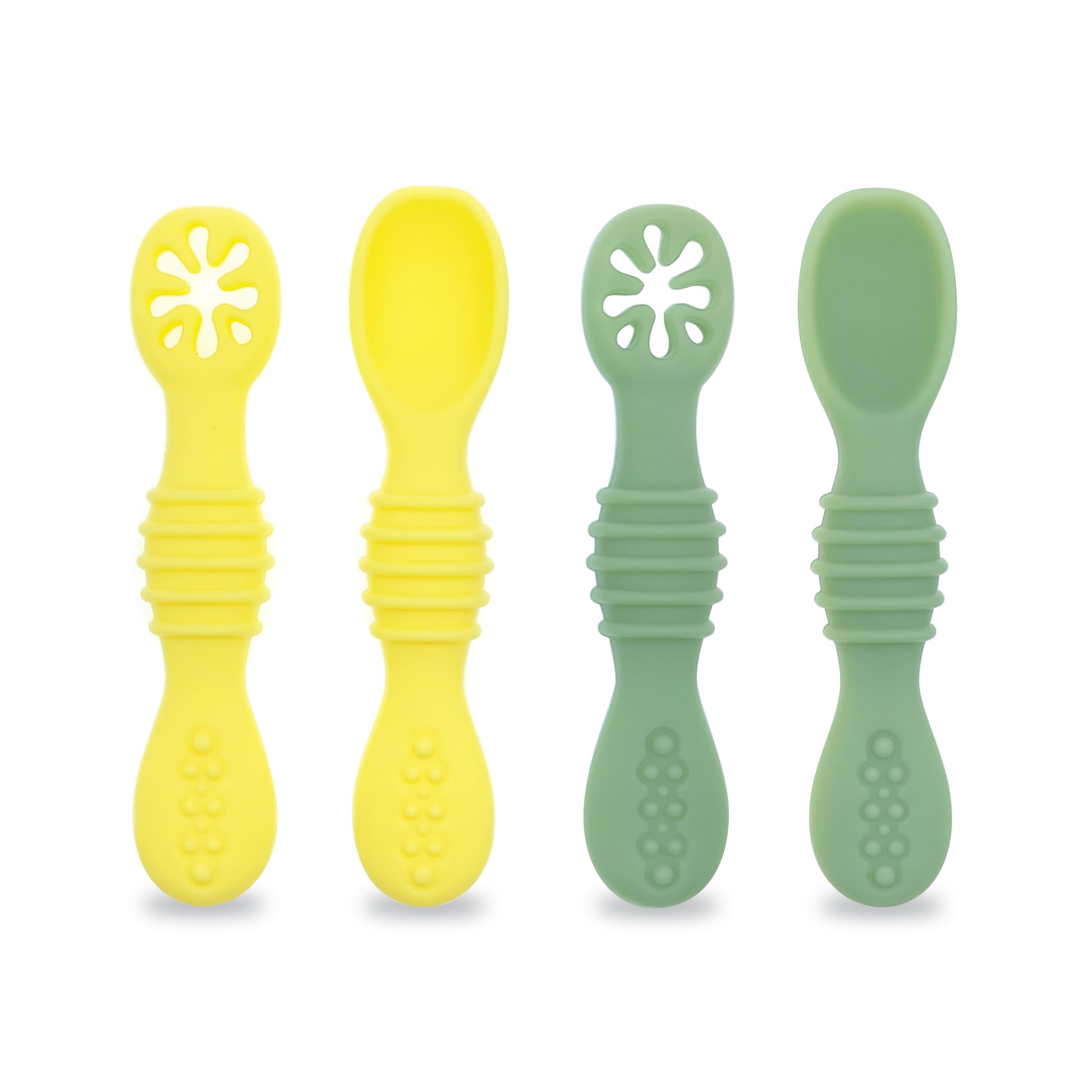 JuLe Self Feeding Baby Spoon Set (NEW Pre-Stage 1 + Stage 1) Silicon, Infant, Toddler, Weaning (Sage/Duckling, Set of 4)