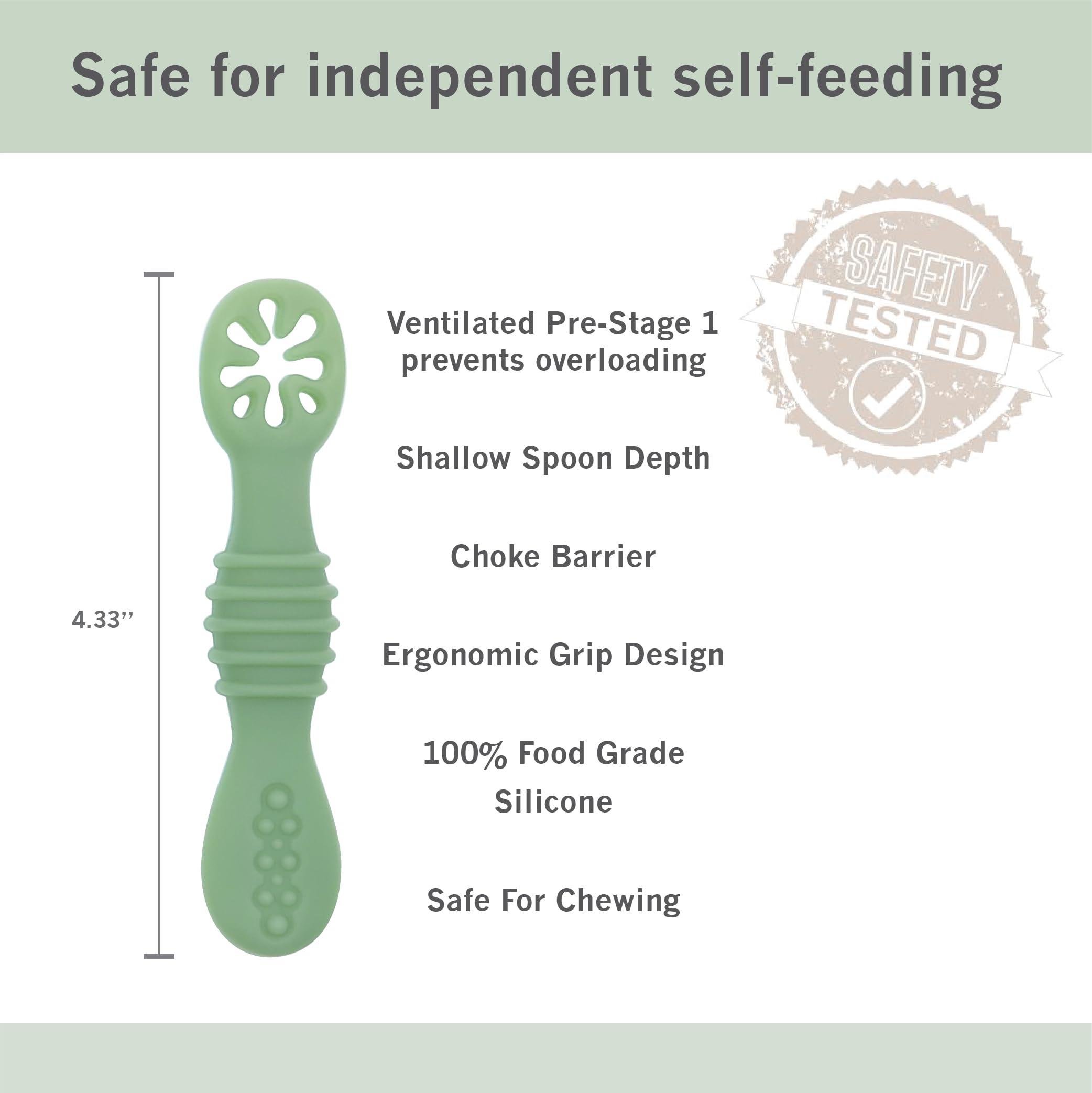 JuLe Self Feeding Baby Spoon Set (NEW Pre-Stage 1 + Stage 1) Silicon, Infant, Toddler, Weaning (Sage/Duckling, Set of 4)