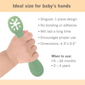 JuLe Self Feeding Baby Spoon Set (NEW Pre-Stage 1 + Stage 1) Silicon, Infant, Toddler, Weaning (Sage/Duckling, Set of 4)