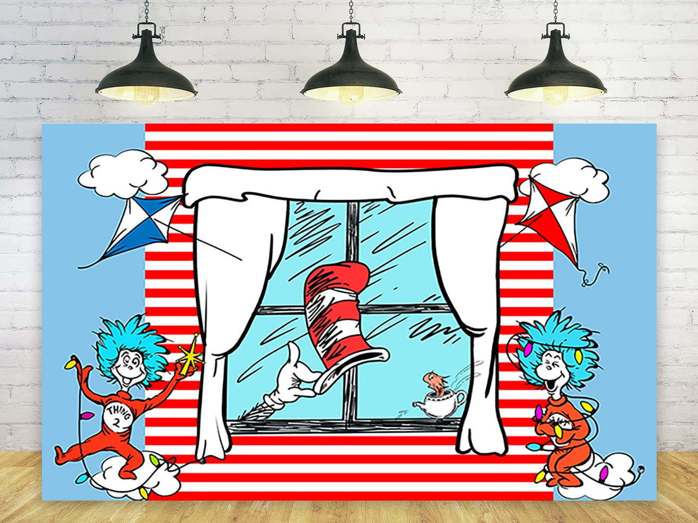 Red and Blue Stripes Backdrop Party Supplies Dr Seuss Birthday Theme Photo Background Cat in The Hat Banner for Birthday Party Caketable Decoration 5x3ft