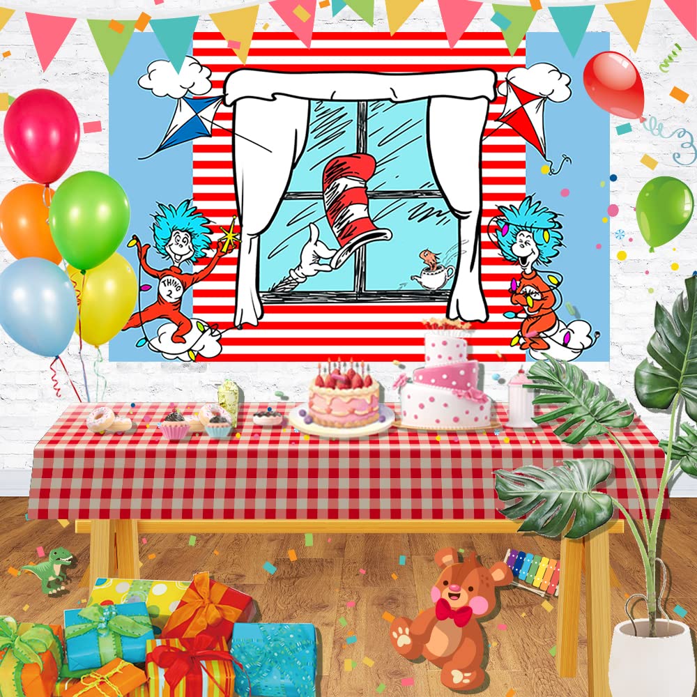 Red and Blue Stripes Backdrop Party Supplies Dr Seuss Birthday Theme Photo Background Cat in The Hat Banner for Birthday Party Caketable Decoration 5x3ft