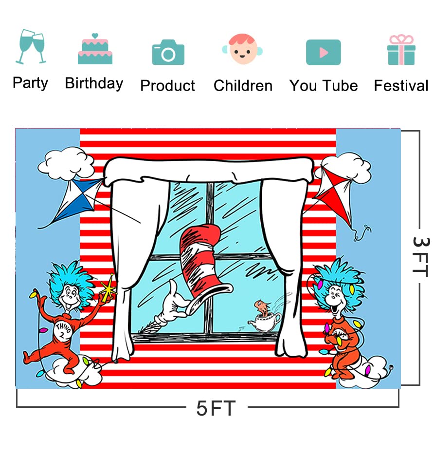 Red and Blue Stripes Backdrop Party Supplies Dr Seuss Birthday Theme Photo Background Cat in The Hat Banner for Birthday Party Caketable Decoration 5x3ft