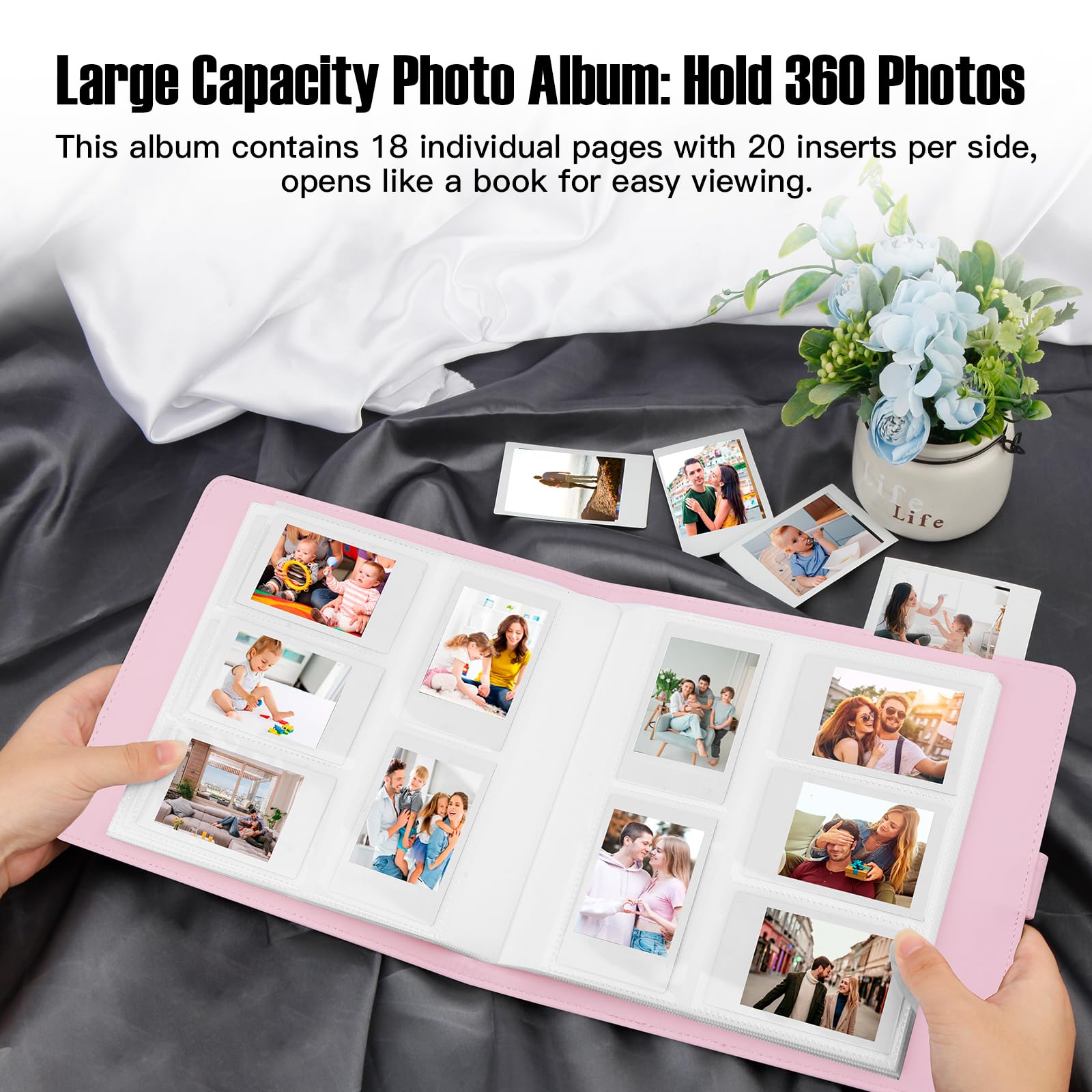 Veicevol 360 Pockets Photo Album for Fujifilm Instax Mini Camera, Album for Polaroid Photo, Leather Cover, Photo Album for Fujifilm Instax Mini 12 11 9 40 8 7 Evo LiPlay Camera, 2x3 Photo Album, Pink