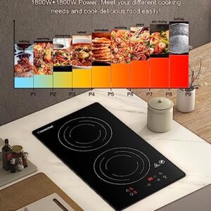 AMZCHEF Electric Induction Cooktop 2 Burners,12" Electric Stove Top with Plug 1800W, 120V, 9 Power Levels, Child lock, Timer, Touch Control, Induction Stove for Fast Cooking, Bulit-in&Countertop