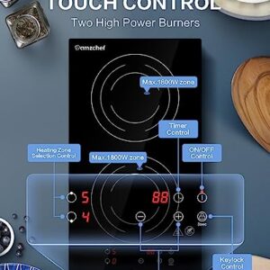 AMZCHEF Electric Induction Cooktop 2 Burners,12" Electric Stove Top with Plug 1800W, 120V, 9 Power Levels, Child lock, Timer, Touch Control, Induction Stove for Fast Cooking, Bulit-in&Countertop