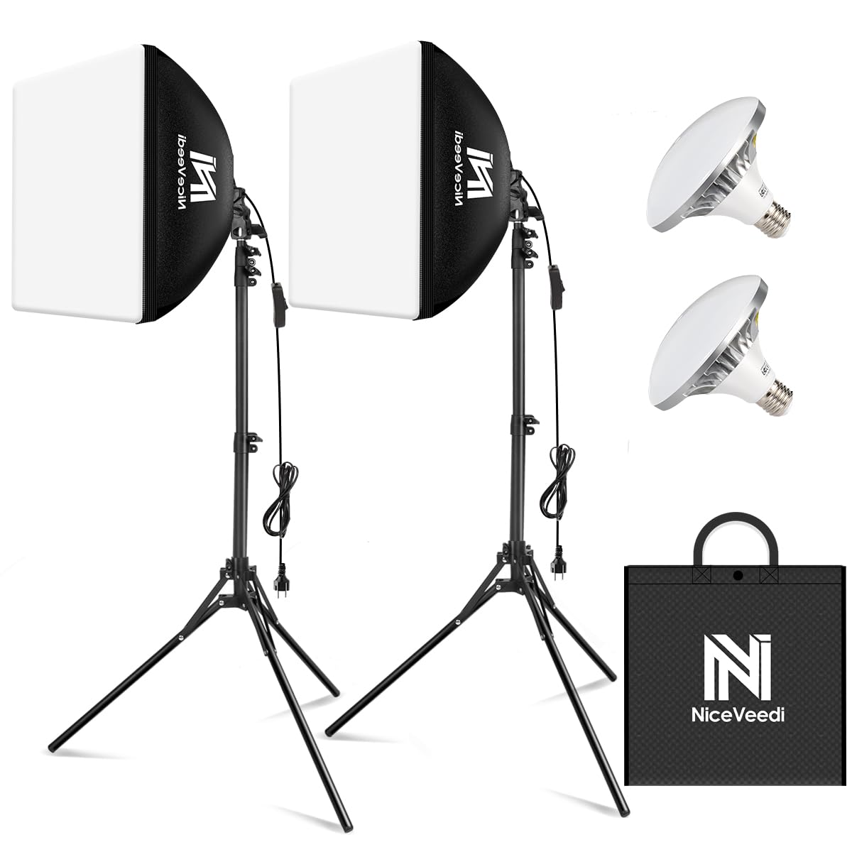 Softbox Lighting Kit, NiceVeedi 2-Pack 16'' x 16'' Softbox Photography Lighting Kit with 63” Tripod Stand & 5400K 450W Equivalent LED Bulb, Continuous Lighting for Photography/Video Record/Live Stream