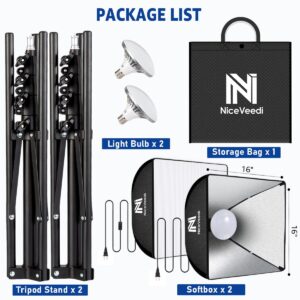 Softbox Lighting Kit, NiceVeedi 2-Pack 16'' x 16'' Softbox Photography Lighting Kit with 63” Tripod Stand & 5400K 450W Equivalent LED Bulb, Continuous Lighting for Photography/Video Record/Live Stream