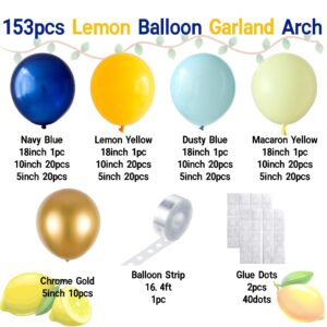 Enanal Lemon Balloon Garland Arch Kit, 153pcs Lemon Yellow Royal Blue and Dusty Blue Balloons for Lemonade Party Baby Shower Birthday Honeybee Party Supplies Bridal Shower Party Decoration (Lemon)