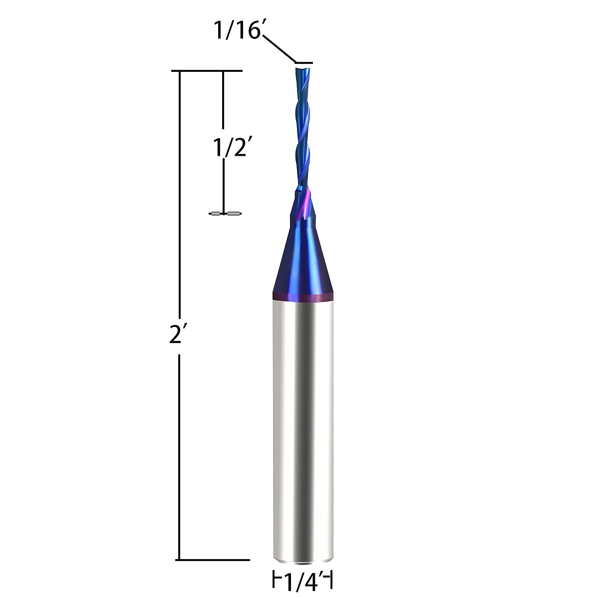 DashHound BRU222 Solid Carbide Spiral Plunge Router Bit 2 Flutes Up Cut CNC Router Bits End Mill NACO Coated 1/16"CD X 1/2"CL X 1/4"SD x 2"OL