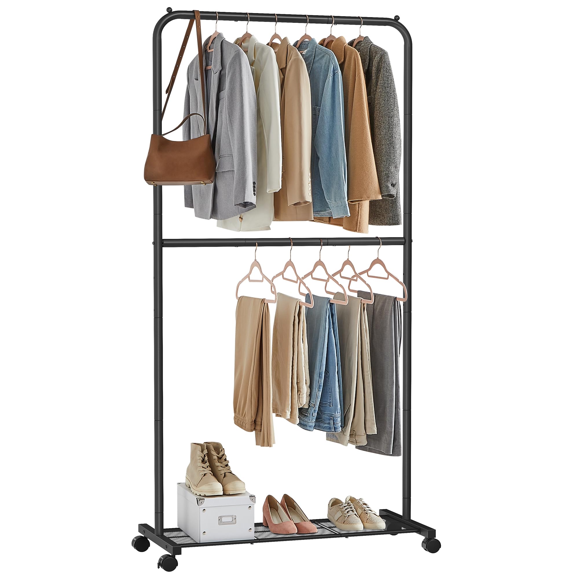 SONGMICS Clothes Rack with Wheels, 35.8 Inch Double-Rod Garment Rack, Clothing Rack for Hanging Clothes, with Dense Mesh Storage Shelf, 44 lb Load Capacity, 2 Brakes, Steel Frame, Black UHSR027B01