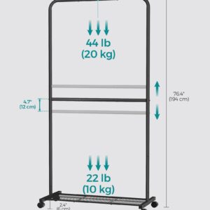 SONGMICS Clothes Rack with Wheels, 35.8 Inch Double-Rod Garment Rack, Clothing Rack for Hanging Clothes, with Dense Mesh Storage Shelf, 44 lb Load Capacity, 2 Brakes, Steel Frame, Black UHSR027B01