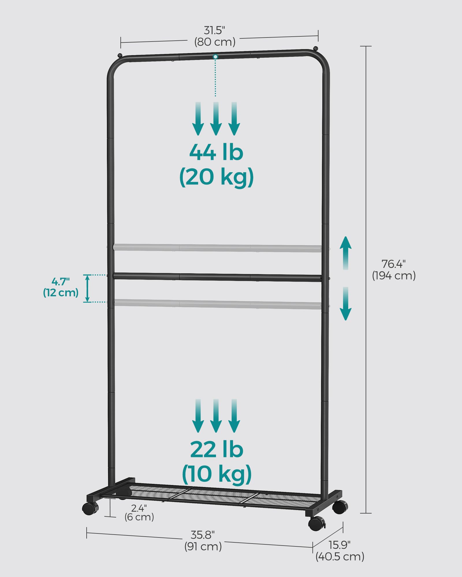 SONGMICS Clothes Rack with Wheels, 35.8 Inch Double-Rod Garment Rack, Clothing Rack for Hanging Clothes, with Dense Mesh Storage Shelf, 44 lb Load Capacity, 2 Brakes, Steel Frame, Black UHSR027B01