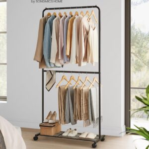 SONGMICS Clothes Rack with Wheels, 35.8 Inch Double-Rod Garment Rack, Clothing Rack for Hanging Clothes, with Dense Mesh Storage Shelf, 44 lb Load Capacity, 2 Brakes, Steel Frame, Black UHSR027B01