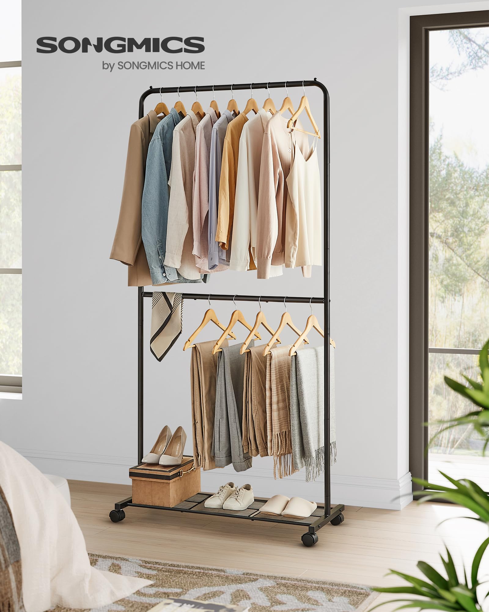 SONGMICS Clothes Rack with Wheels, 35.8 Inch Double-Rod Garment Rack, Clothing Rack for Hanging Clothes, with Dense Mesh Storage Shelf, 44 lb Load Capacity, 2 Brakes, Steel Frame, Black UHSR027B01