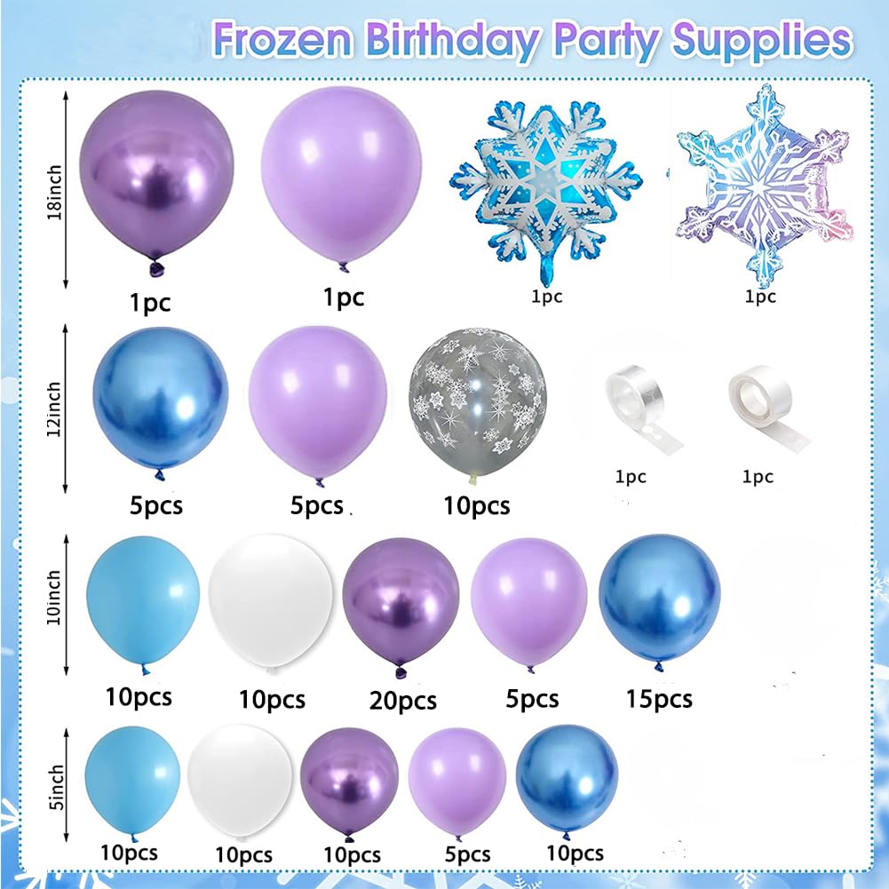 Frozen Balloon Garland Arch Kit Snow Blue and Purple White Balloons Birthday Snowflake Foil Balloons for Princess Winter Wonderland Gir Frozen Theme Birthday Party Supplies Decorations