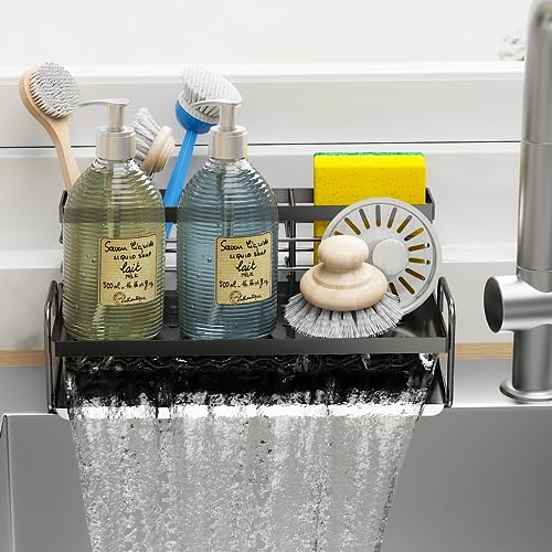 Cisily Kitchen Sink Caddy Organizer, Sponge Holder for Kitchen Sink, SUS 304 Stainless Steel Sponge Organizer, Scrub Daddy Holder, Dish Brush Holder for Kitchen Sink, Kitchen Accessories（Black）