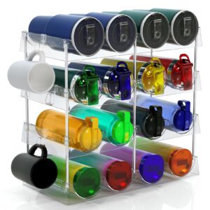 dwwfcc large water bottle organizer for cabinet w 8 hooks - stackable clear bottle storage organizer, acrylic plastic tumbler travel mug cup organizer holder wine rack for countertop-2oz to 32oz