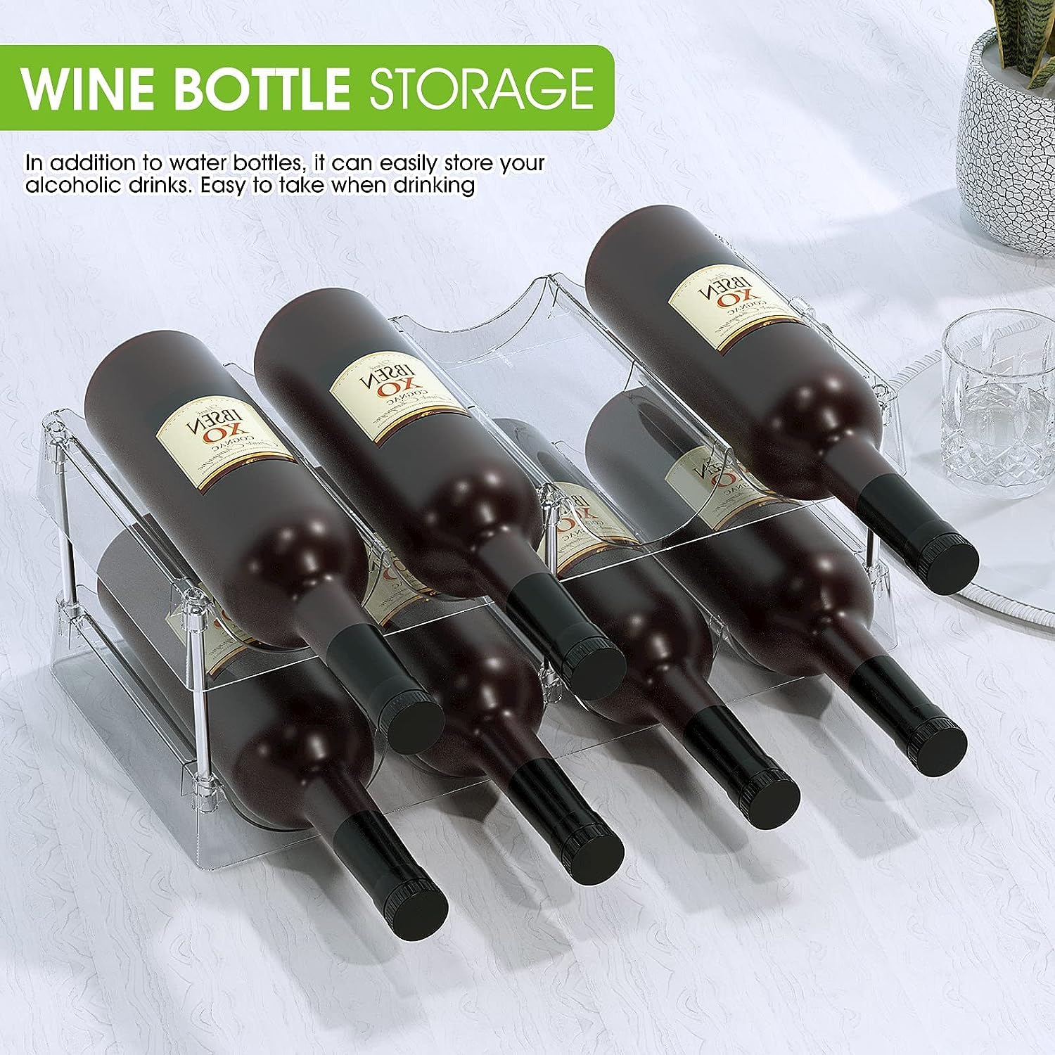 DWWFCC Large Water Bottle Organizer for Cabinet w 8 Hooks - Stackable Clear Bottle Storage Organizer, Acrylic Plastic Tumbler Travel Mug Cup Organizer Holder Wine Rack for Countertop-2oz to 32oz