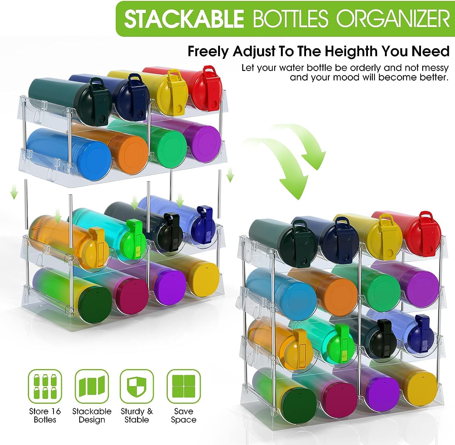 DWWFCC Large Water Bottle Organizer for Cabinet w 8 Hooks - Stackable Clear Bottle Storage Organizer, Acrylic Plastic Tumbler Travel Mug Cup Organizer Holder Wine Rack for Countertop-2oz to 32oz