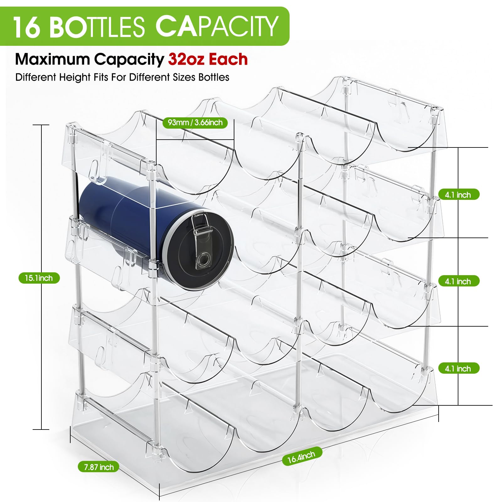 DWWFCC Large Water Bottle Organizer for Cabinet w 8 Hooks - Stackable Clear Bottle Storage Organizer, Acrylic Plastic Tumbler Travel Mug Cup Organizer Holder Wine Rack for Countertop-2oz to 32oz