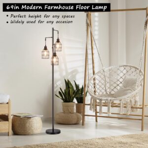 Sucolite 69in Dimmable Floor Lamp for Living Room, Industrial 3-Light Tree Floor Lamp Black with Cages, Farmhouse Rustic Tall Standing Lamp Floor Lighting for Bedroom Office, 3 Free LED Edison Bulbs