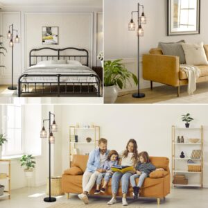 Sucolite 69in Dimmable Floor Lamp for Living Room, Industrial 3-Light Tree Floor Lamp Black with Cages, Farmhouse Rustic Tall Standing Lamp Floor Lighting for Bedroom Office, 3 Free LED Edison Bulbs