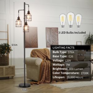 Sucolite 69in Dimmable Floor Lamp for Living Room, Industrial 3-Light Tree Floor Lamp Black with Cages, Farmhouse Rustic Tall Standing Lamp Floor Lighting for Bedroom Office, 3 Free LED Edison Bulbs