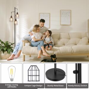 Sucolite 69in Dimmable Floor Lamp for Living Room, Industrial 3-Light Tree Floor Lamp Black with Cages, Farmhouse Rustic Tall Standing Lamp Floor Lighting for Bedroom Office, 3 Free LED Edison Bulbs