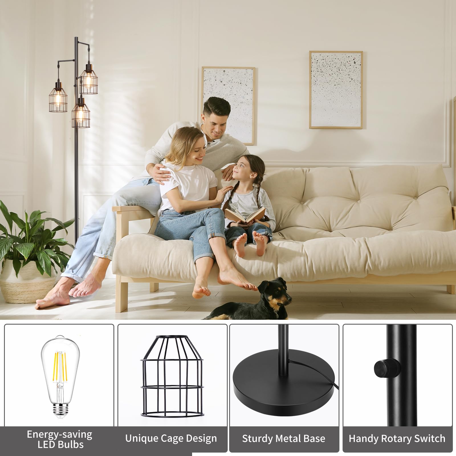 Sucolite 69in Dimmable Floor Lamp for Living Room, Industrial 3-Light Tree Floor Lamp Black with Cages, Farmhouse Rustic Tall Standing Lamp Floor Lighting for Bedroom Office, 3 Free LED Edison Bulbs