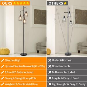 Sucolite 69in Dimmable Floor Lamp for Living Room, Industrial 3-Light Tree Floor Lamp Black with Cages, Farmhouse Rustic Tall Standing Lamp Floor Lighting for Bedroom Office, 3 Free LED Edison Bulbs