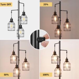 Sucolite 69in Dimmable Floor Lamp for Living Room, Industrial 3-Light Tree Floor Lamp Black with Cages, Farmhouse Rustic Tall Standing Lamp Floor Lighting for Bedroom Office, 3 Free LED Edison Bulbs