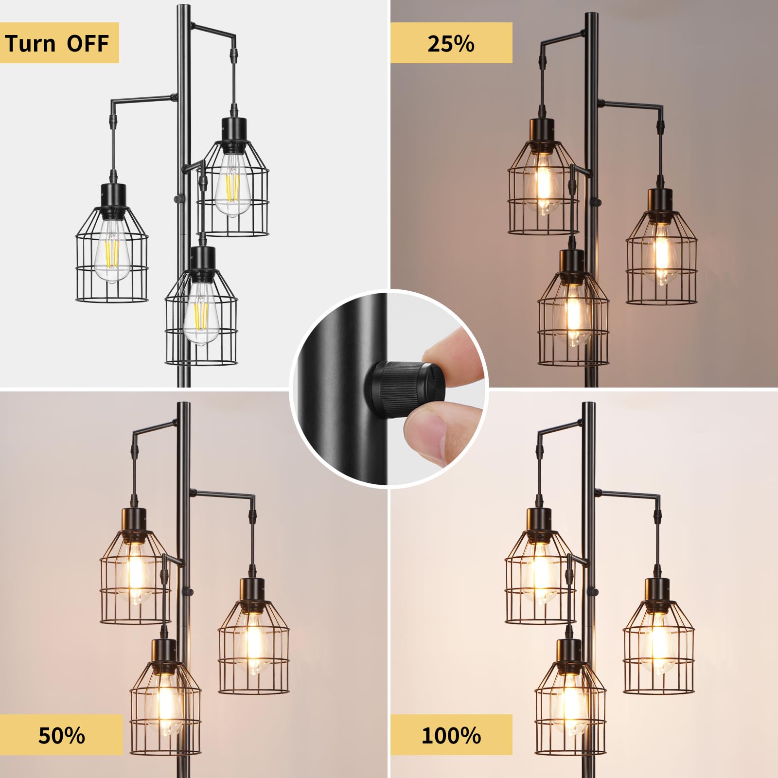 Sucolite 69in Dimmable Floor Lamp for Living Room, Industrial 3-Light Tree Floor Lamp Black with Cages, Farmhouse Rustic Tall Standing Lamp Floor Lighting for Bedroom Office, 3 Free LED Edison Bulbs