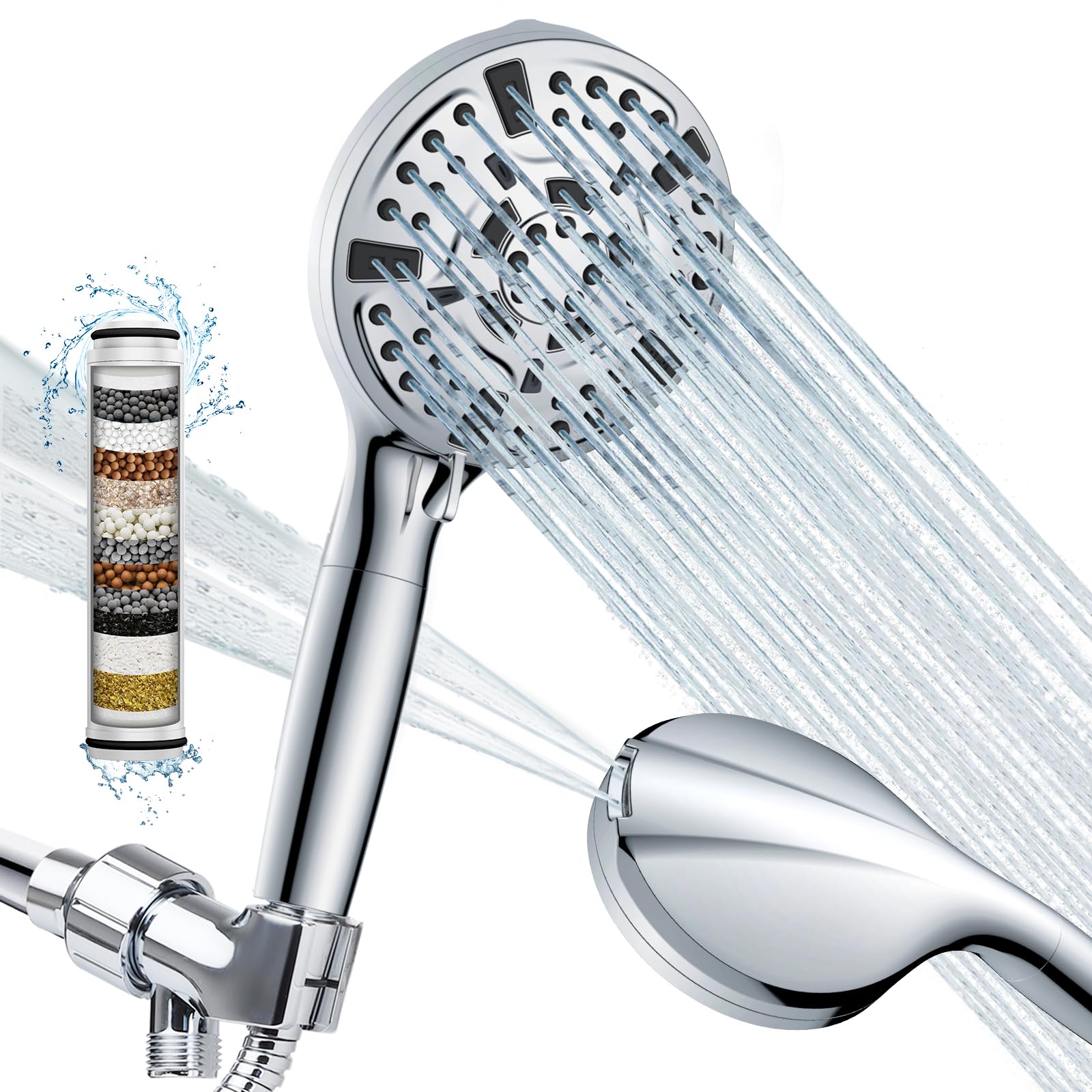 Shower head ushalhue hand held shower 10 Spray Mode High Pressure Showerhead,59.05" Stainless Steel Hose Adjustable Bracket Filter Shower Head, Remove Chlorine and Harmful Substance (silvery)