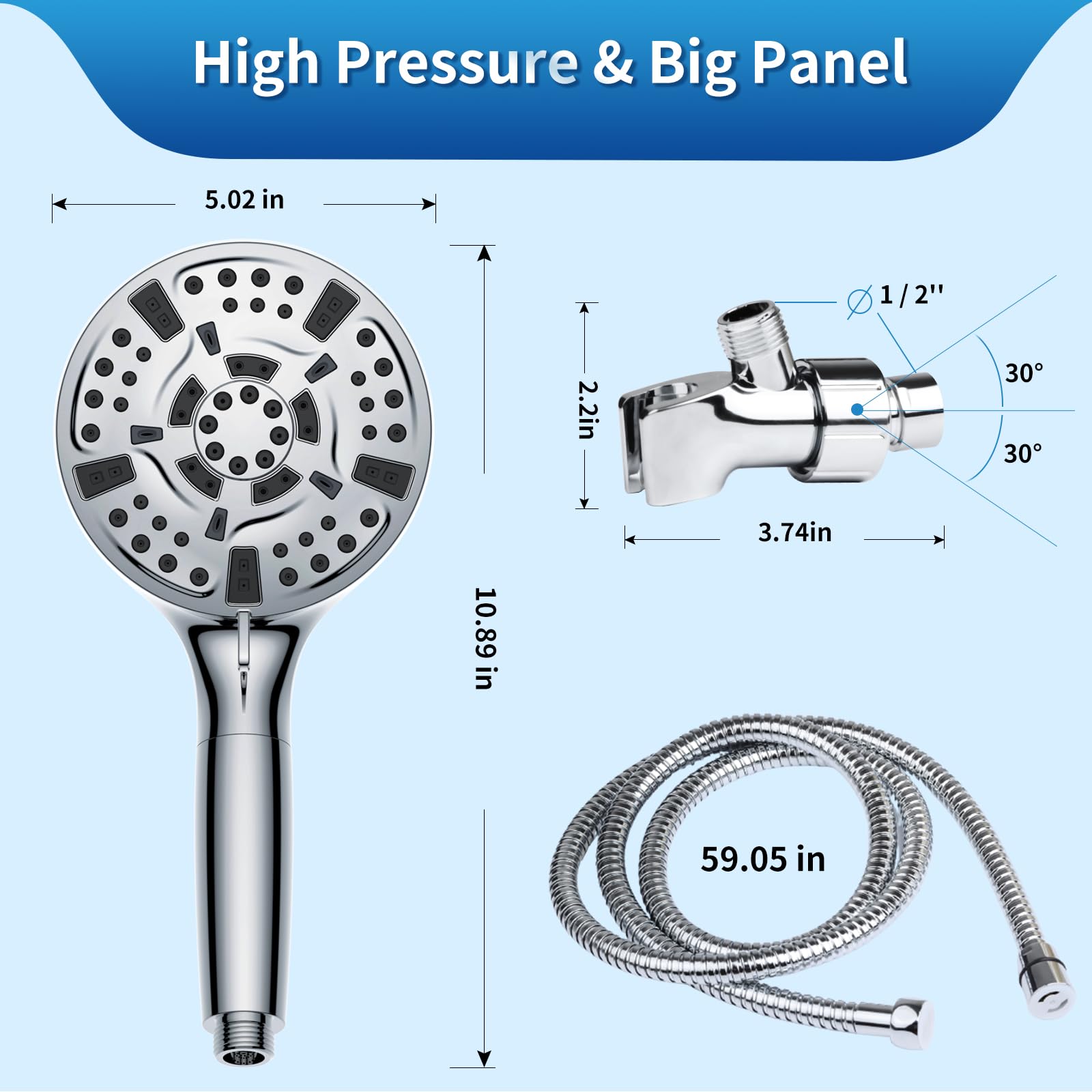 Shower head ushalhue hand held shower 10 Spray Mode High Pressure Showerhead,59.05" Stainless Steel Hose Adjustable Bracket Filter Shower Head, Remove Chlorine and Harmful Substance (silvery)