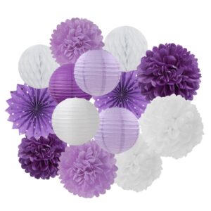 purple-white lavender party decorations streamers - 14pcs women girl birthday paper lanterns fan,tissue pom poms,baby bridal shower wedding engagement bachelorette graduation decor lasting surprise