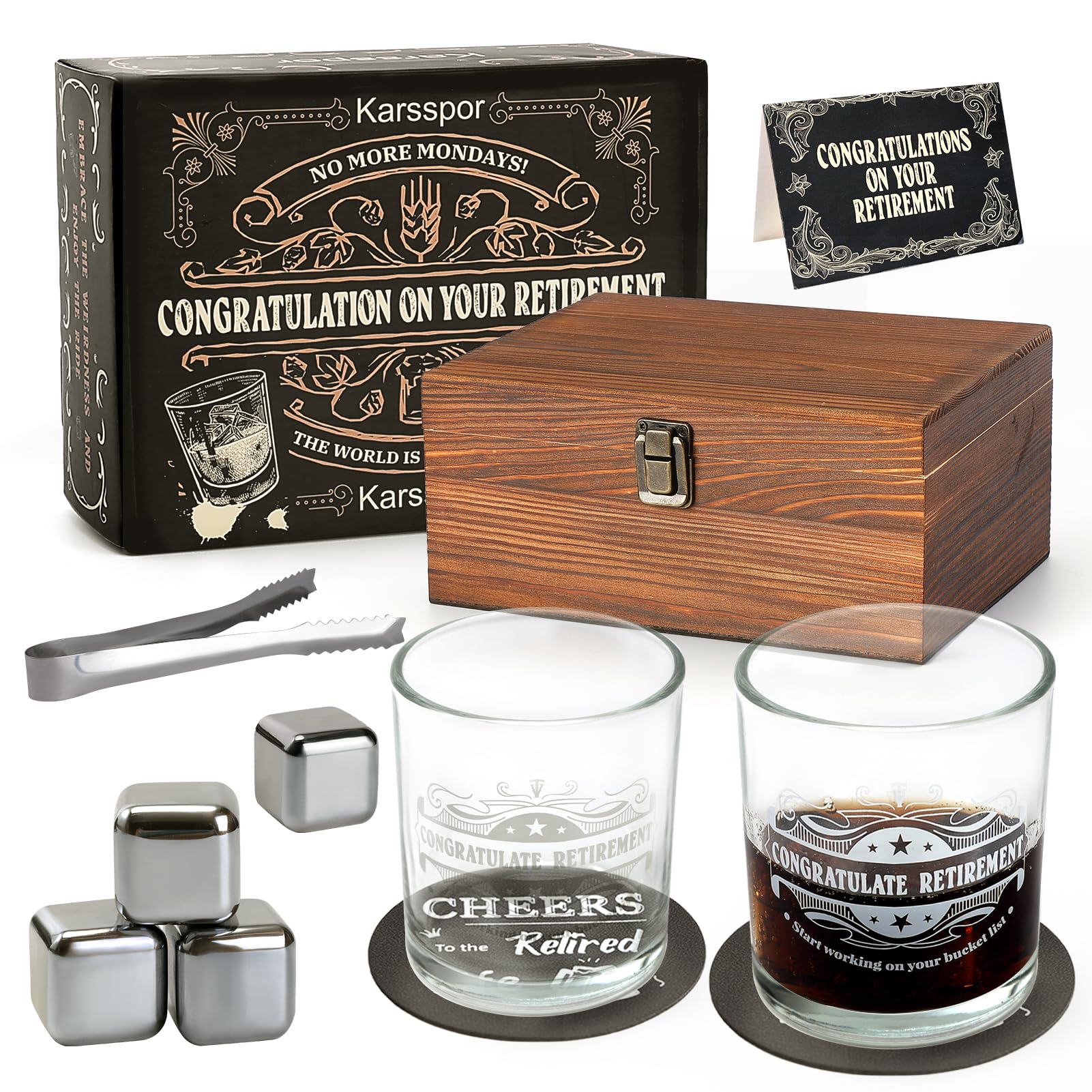 Karsspor Retirement Gifts for Men 2023, Whiskey Glass Set in Valued Wooden Box with Coaster, Whiskey Rocks, Ice Tongs, Funny Retirement Gifts for Men, Retirement Party Decorations