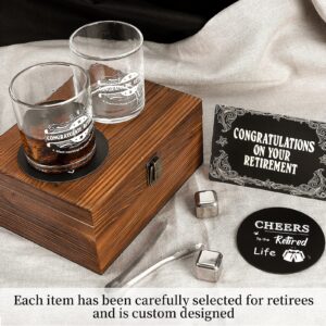 Karsspor Retirement Gifts for Men 2023, Whiskey Glass Set in Valued Wooden Box with Coaster, Whiskey Rocks, Ice Tongs, Funny Retirement Gifts for Men, Retirement Party Decorations