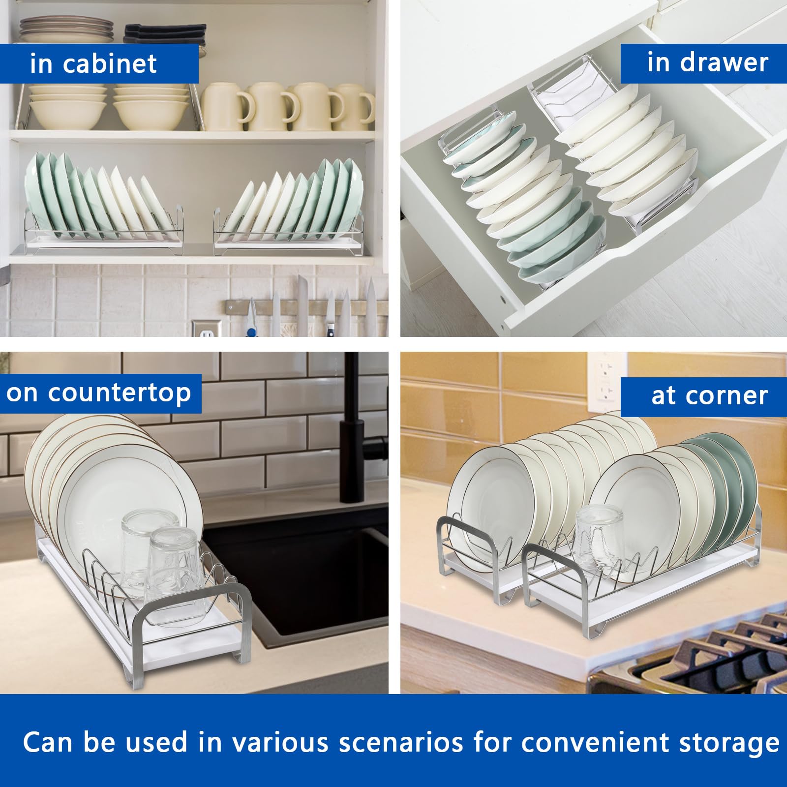 DorineRack Small Dish Drying Rack with Drain Tray, Space Saving Plate Organizer for Kitchen Cabinet,Anti-Rust Stainless Steel Pot Lid Organizer for Kitchen Sink (Single)