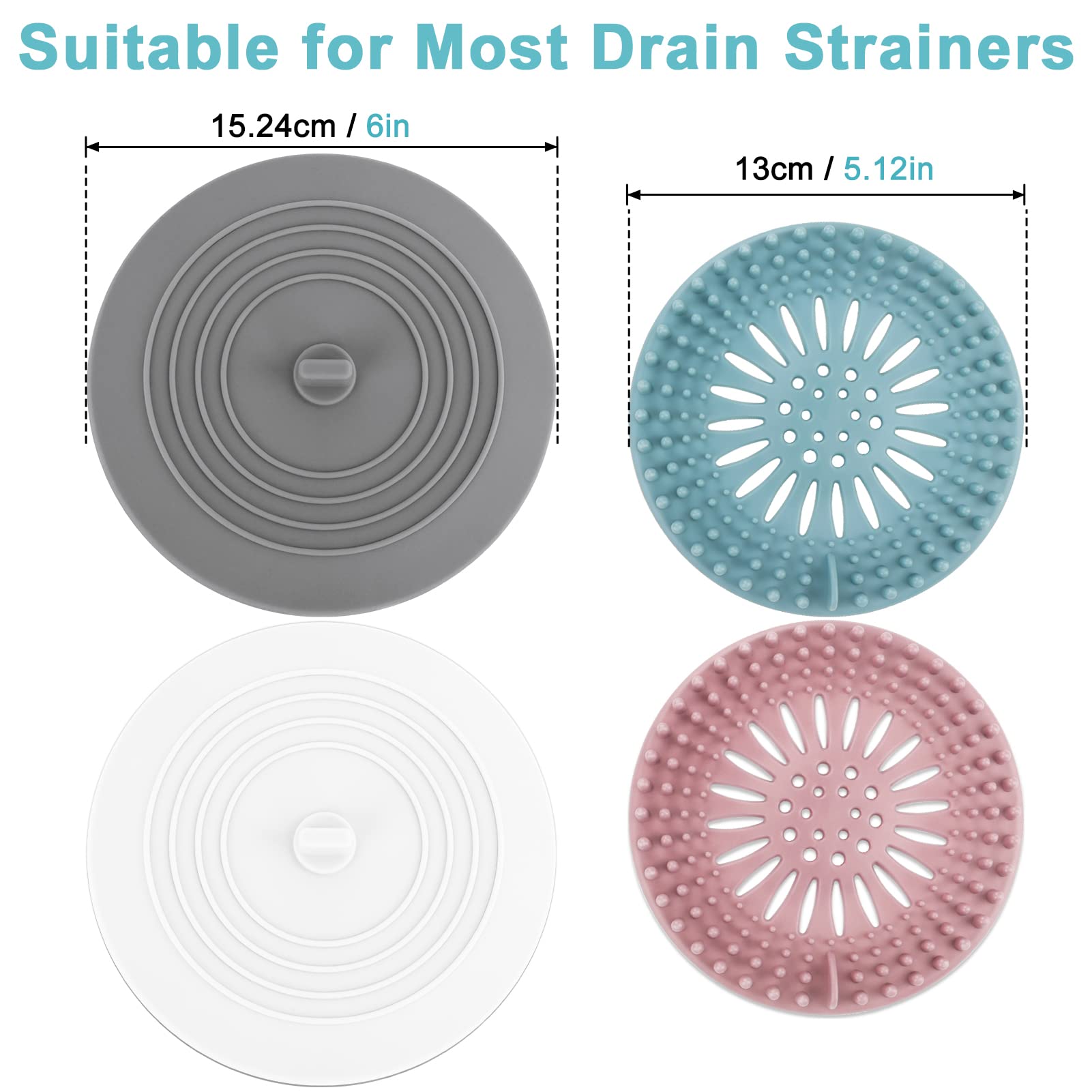 4 Pack Tub Stoppers Drain Cover Plug Hair Catcher Shower Drain Bathtub Sink Stopper Strainer, Silicone Flat Suction Cover for Bathroom Kitchen and Laundry