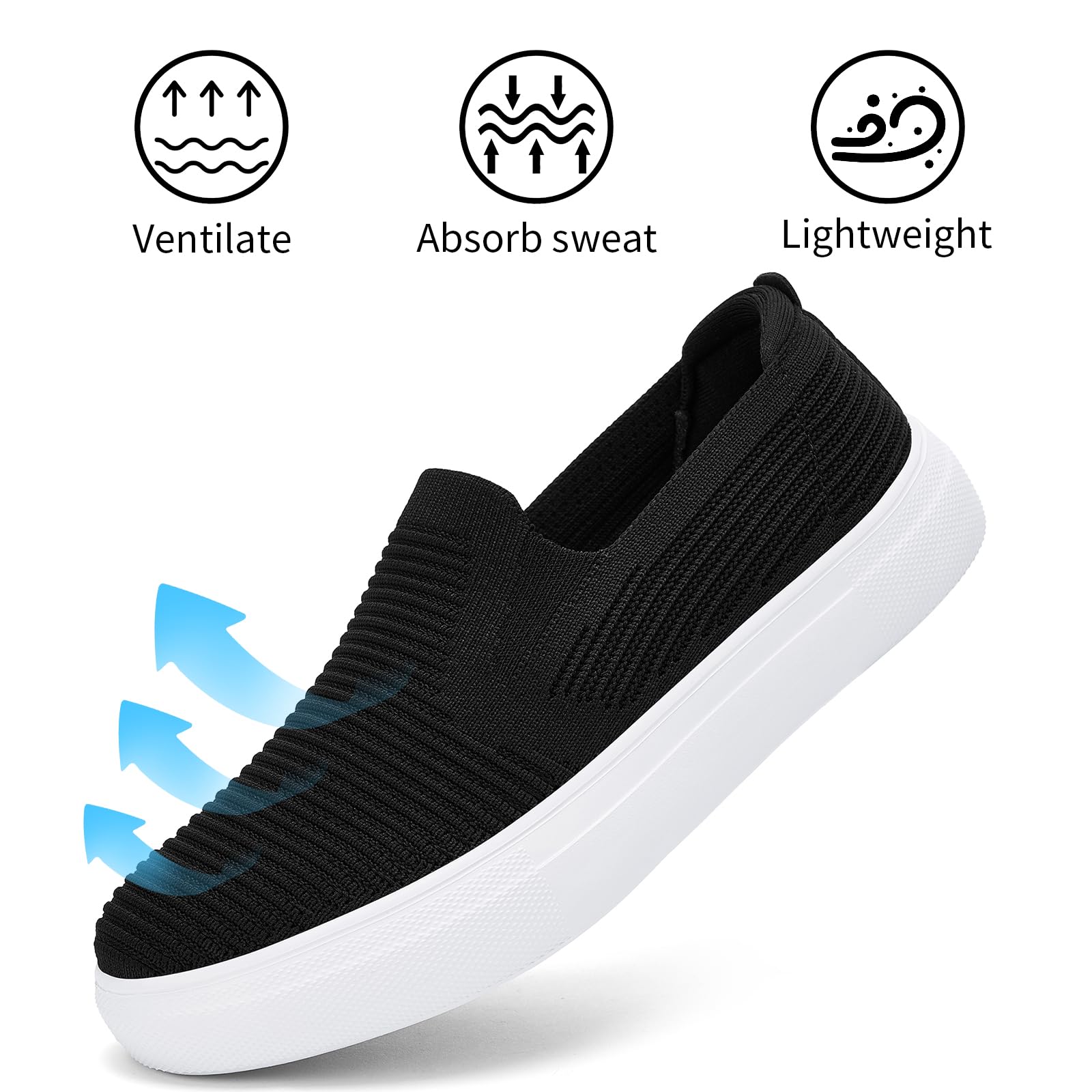 konhill Women's Slip Ons Loafer Casual Walking Shoes Breathable Comfortable Fashion Sneakers for Work Nurse Travel Black Size 6.5