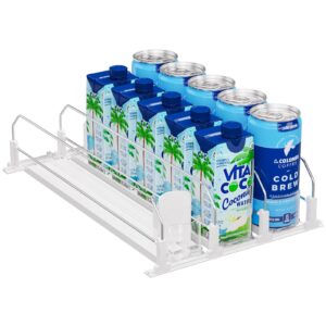 puricon drink organizer for fridge pusher glide, spring loaded fridge drink dispenser, self pushing soda can organizer for refrigerator, beer bottle beverage organizer drink holder -3 rows, white