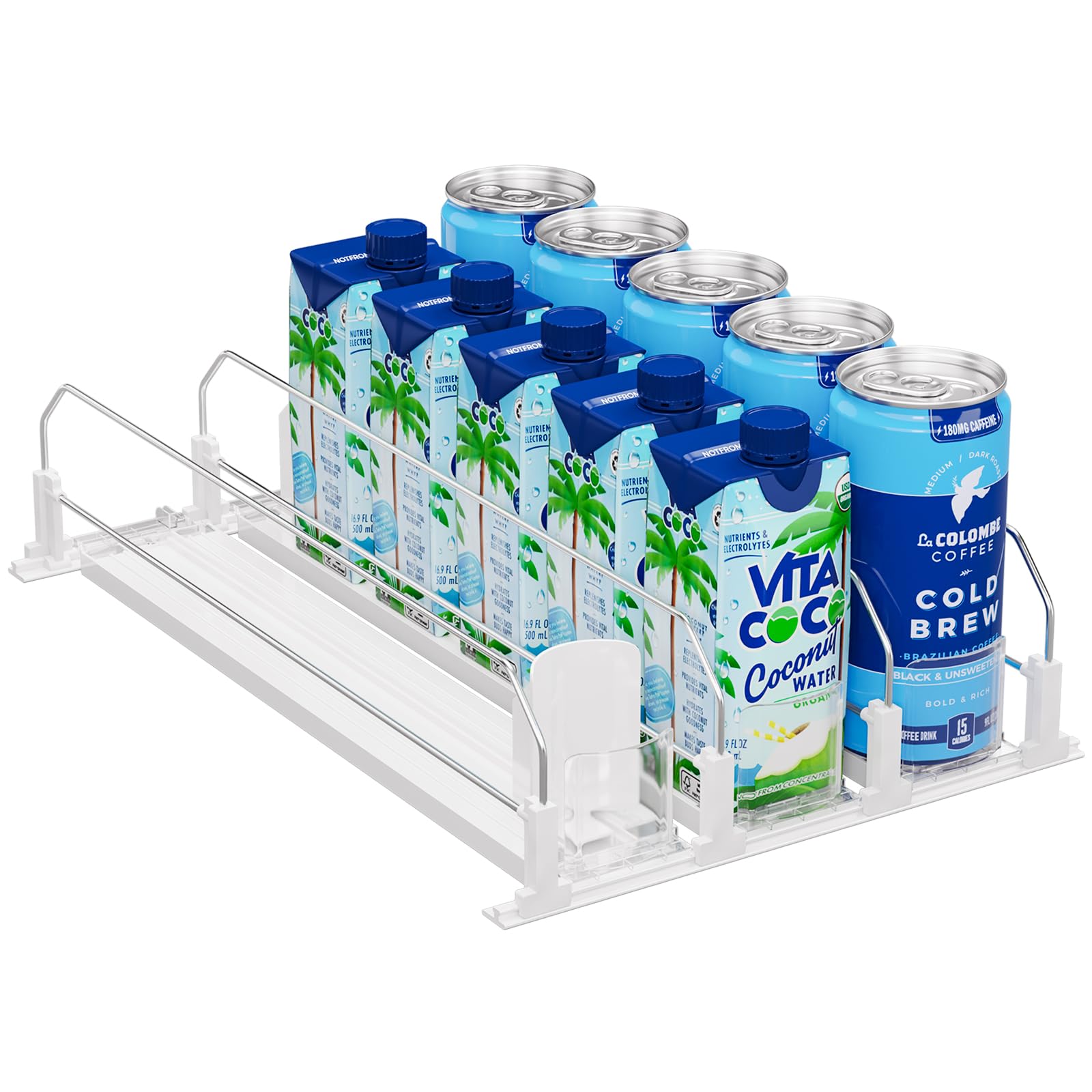 Puricon Drink Organizer for Fridge Pusher Glide, Spring Loaded Fridge Drink Dispenser, Self Pushing Soda Can Organizer for Refrigerator, Beer Bottle Beverage Organizer Drink Holder -3 Rows, White