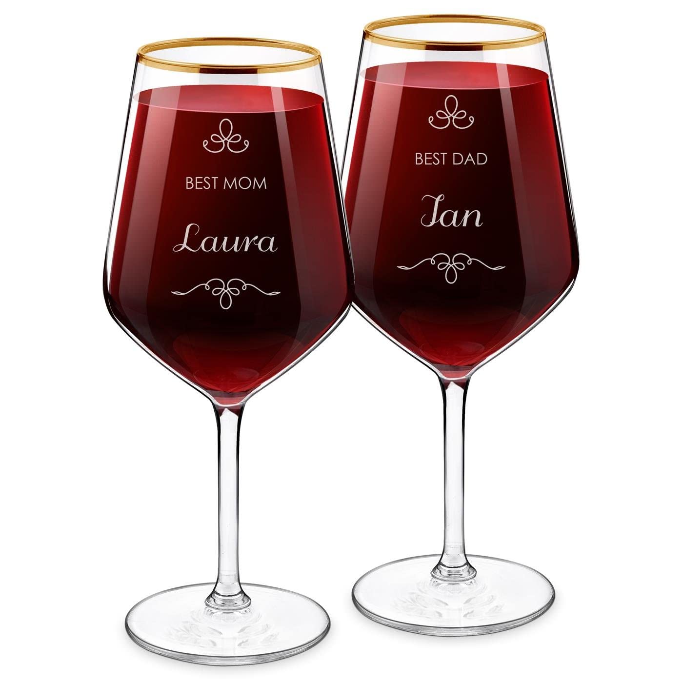 Maverton Set of 2 Personalized Gold Rimmed Wine Glasses - Pair of Glasses for Wedding - For Wine Connoisseurs - Perfect for Couples - Engraved Glasses with Gold Band for pairs - PARENTS