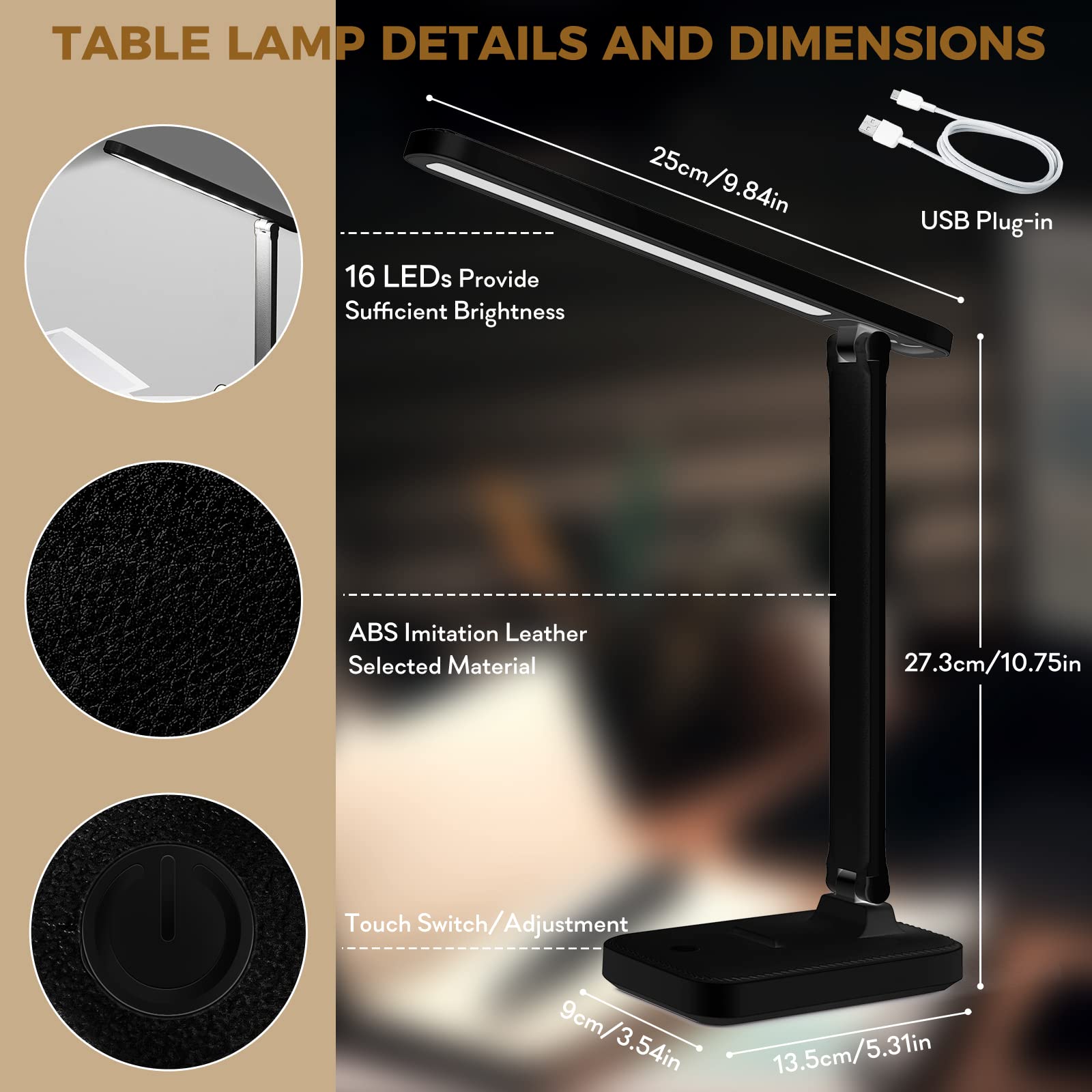 candyfouse LED Desk Lamp with Touch Control, Reading Lamp No Flicker, 3 Color Modes, Foldable Table Lamp, Eye Caring Reading Light for Office, Home, Dormitory, USB Interface DC5V 1A(Black)