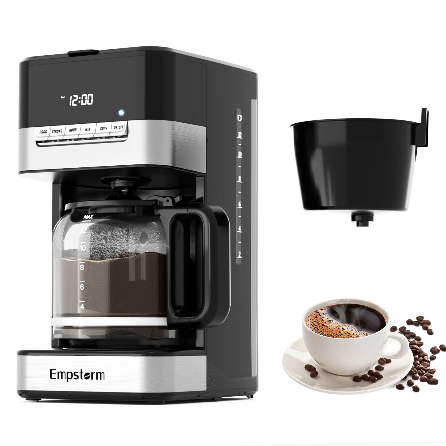 Empstorm 12 Cup Programmable Drip Coffee Maker - 1000W Fast Brew Coffee Machine with Glass Carafe, Auto Shut Off & 4-Hour Keep Warm, Anti-Drip System, Strong Brew, Black with Stainless Steel Accents