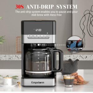 Empstorm 12 Cup Programmable Drip Coffee Maker - 1000W Fast Brew Coffee Machine with Glass Carafe, Auto Shut Off & 4-Hour Keep Warm, Anti-Drip System, Strong Brew, Black with Stainless Steel Accents