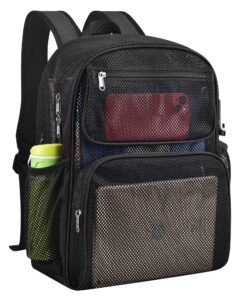 lyingflat mesh backpack with inner compartment, large heavy duty mesh bookbag with padded shoulder straps for travel swimming hiking beach - black